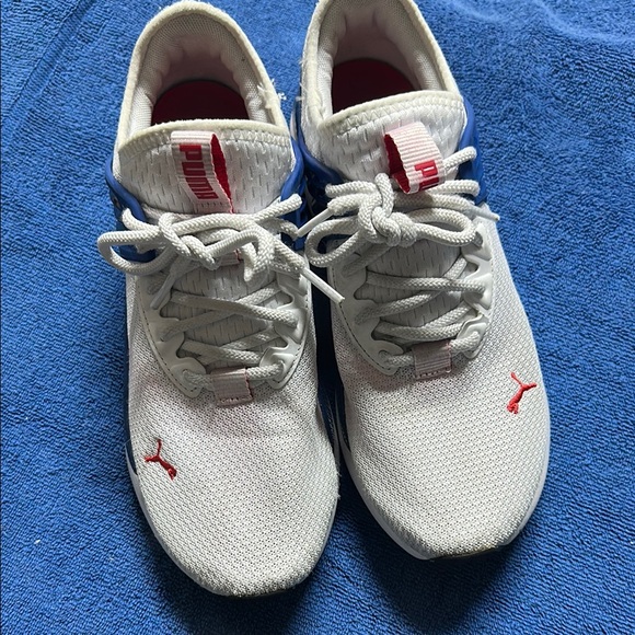 Puma | Shoes | Puma White And Blue Sneakers With Red Accents | Poshmark